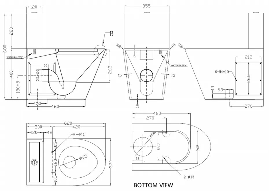 NOFER WC kombi mísa s nádržkou včetně splachovacího mechanismu a WC sedátka 370x680x620 mm, nerez mat 13016.S