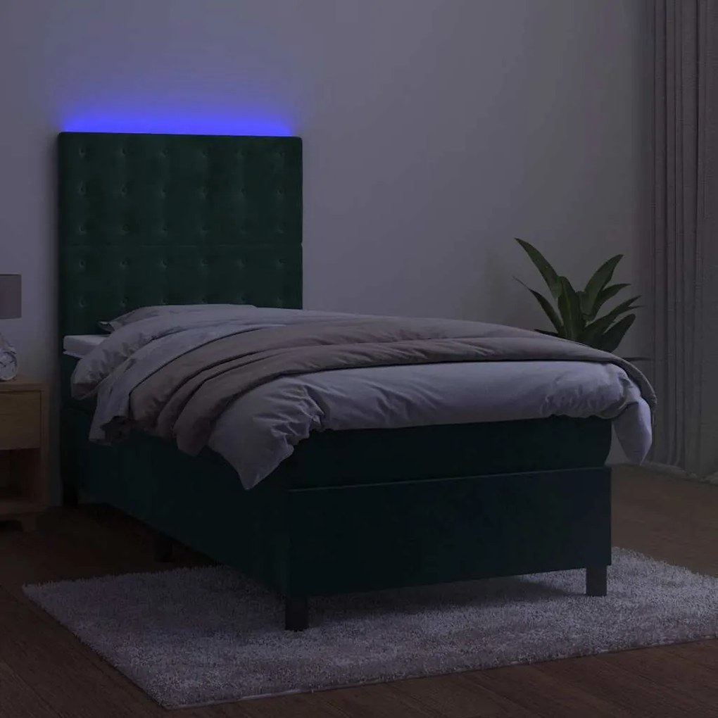 Box spring postel s matrací a LED tmavě zelená 80x200 cm samet 3136332