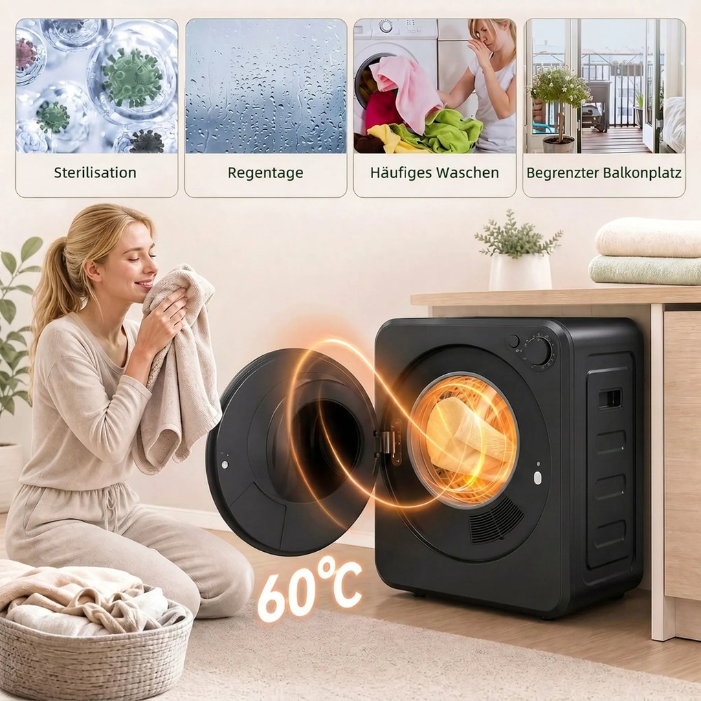 HOMCOM Mini sušička prádla 4 kg s 5 programy až do 60℃ 800W/400W odvětrávací sušička s nerezovým bubnem černá