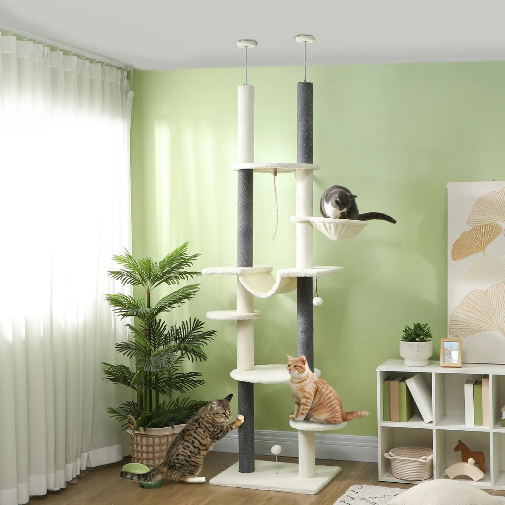 PawHut škrabadlo stropní vysoké, strom pro kočky, 225-255 cm škrabadlo pro kočky s houpacími sítěmi, škrabadla, košík, hrací míč, nábytek pro kočky s…
