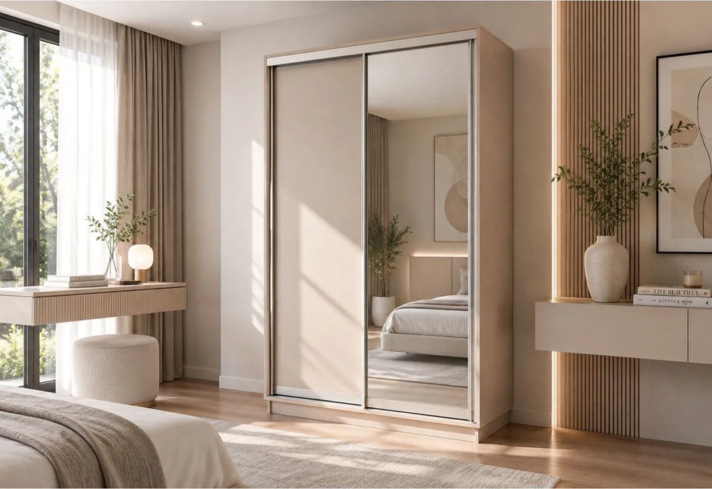 Skříň s posuvnými dveřmi 1400x2200x600 1LTD 1 Zrcadlo Kašmír, profil stříbrný