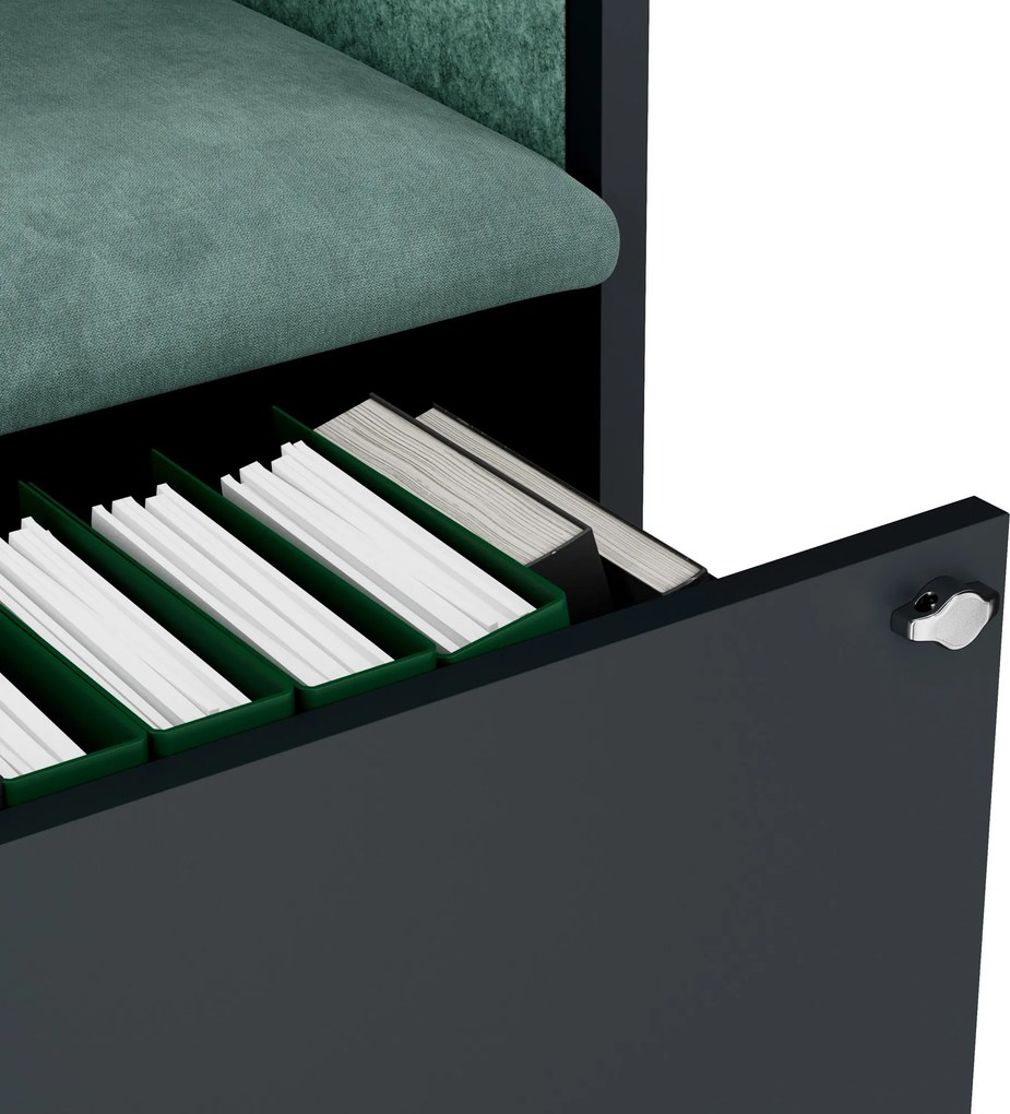 Kancelářská akustická kabina se sedátkem a USB-C portem, korpus antracitový / sedák zelený, 600 mm: SALLY MentalBox
