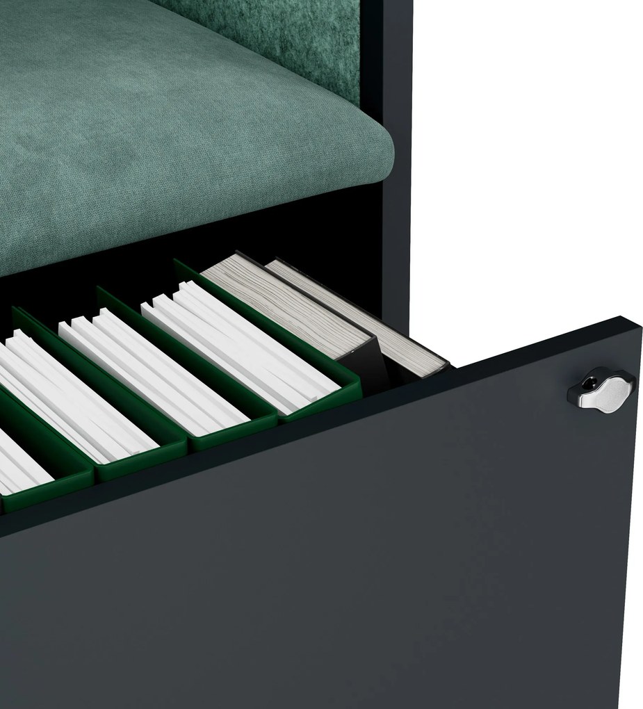 Skříň se sedákem a zónou ticha SALLY MentalBox, antracitová konstrukce, zelený sedák, 1850 x 600 x 400 mm