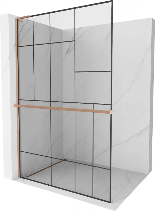 Mexen Kioto+ L, sprchová zástěna Walk-In s poličkou a věšákem 110 x 200 cm, 8mm čiré sklo černý vzor, ​​měděný matný profil, 800-110-123-65-78