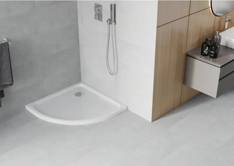 Mexen Flat čtvrtkruhová sprchová vanička slim 90 x 90 cm, bílá, sifon chrom - 41109090