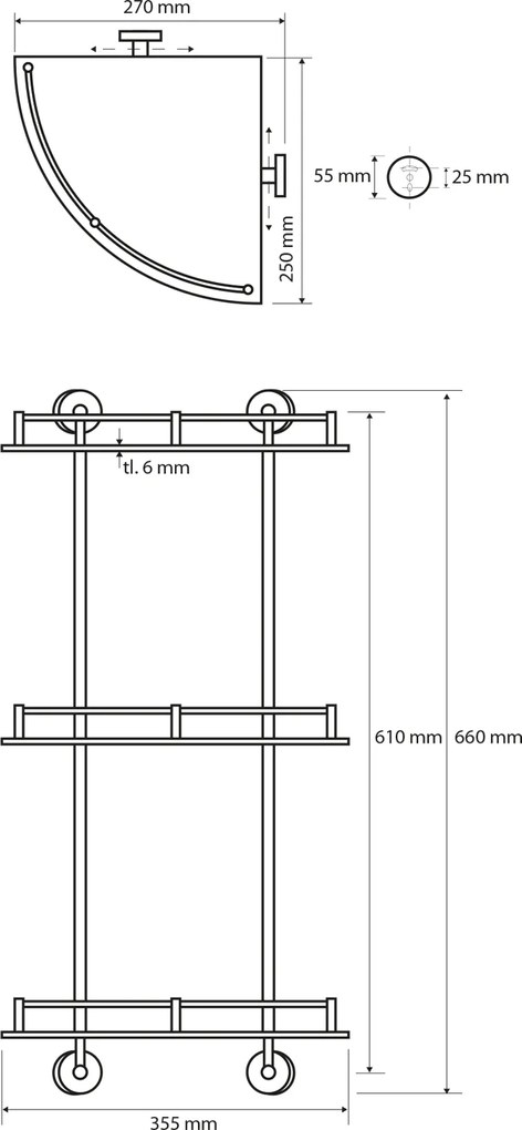 Sapho Sapho, X-ROUND E polička sklo roh trojitá s hrazdou, 270x660x355mm, chrom, XR606