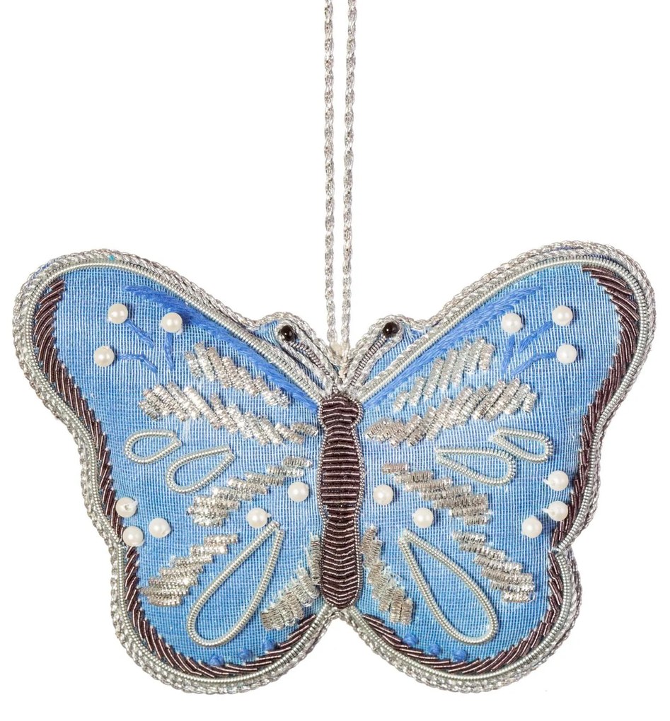 sass & belle Vánoční ozdoba Butterfly Zari Embroidery, modrá barva, textil