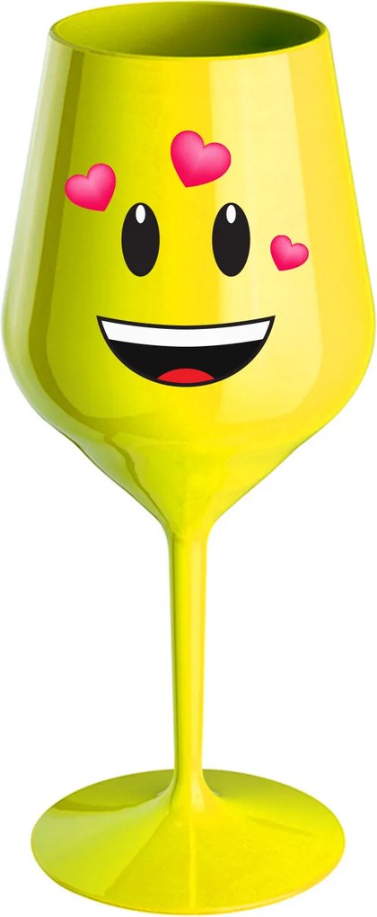 ZAMILOVANÝ SMAJLÍK - žlutá nerozbitná sklenice na víno 470 ml