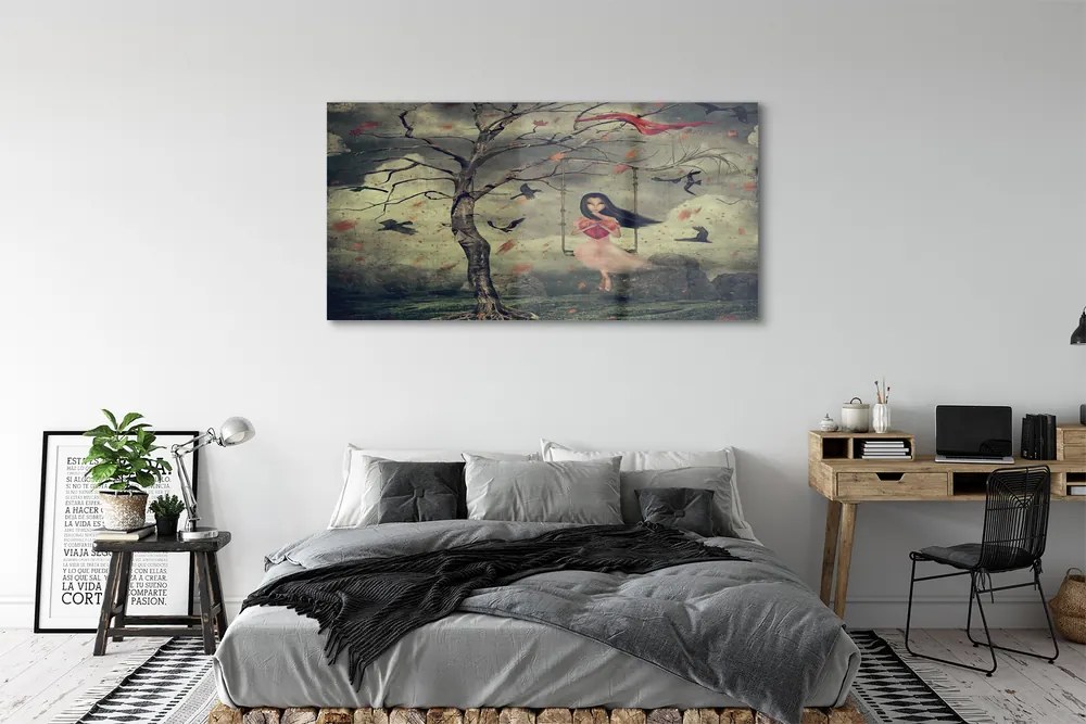 akrylový obraz Strom ptáci mraky dívka rocková 140x70 cm