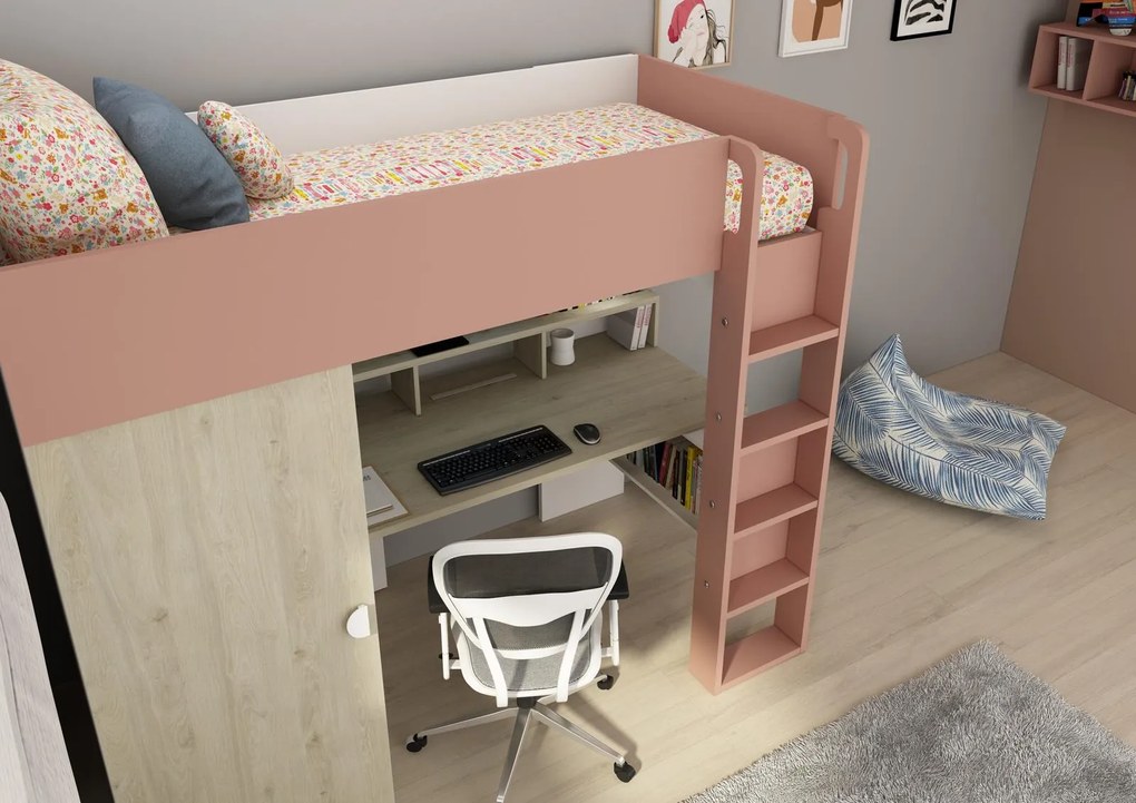 Aldo Vyvýšená postel s psacím stolem Flow - pink