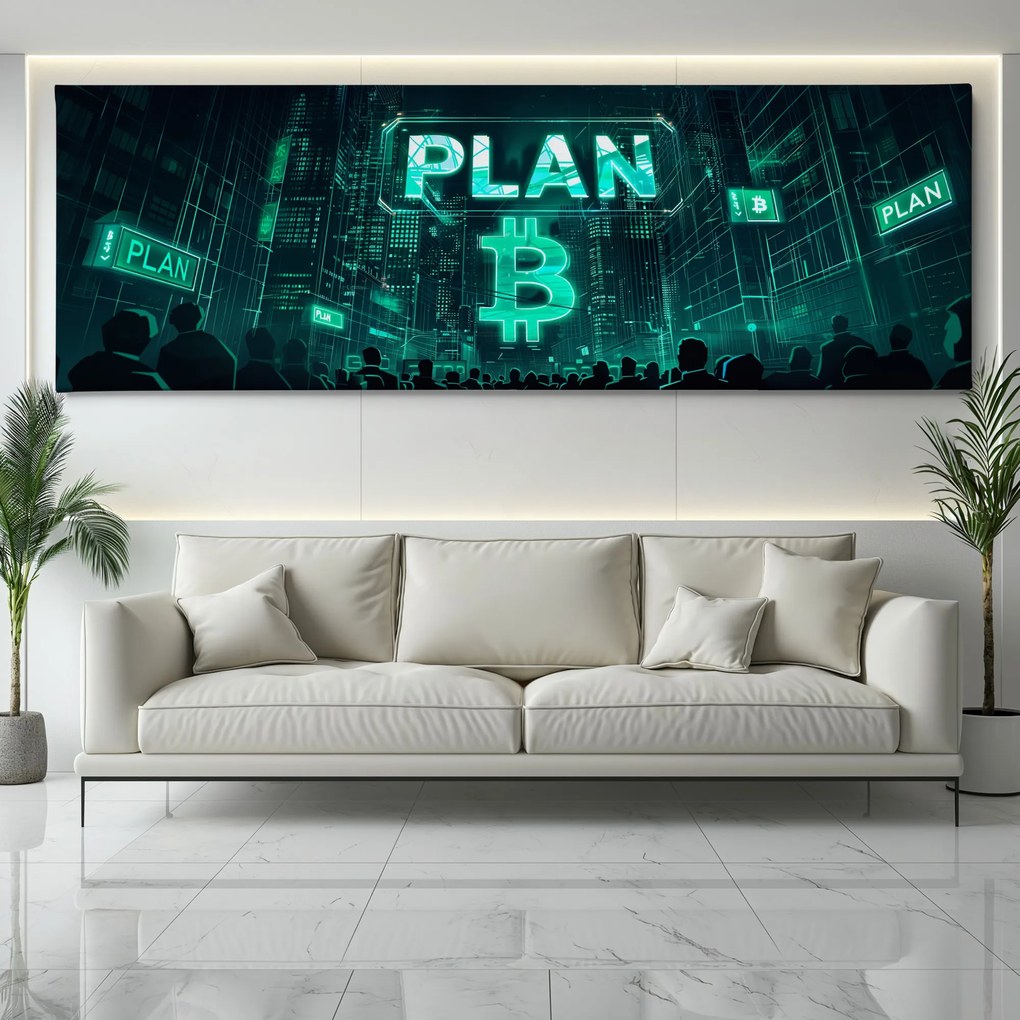 Obraz na plátně - Bitcoin Plan B city FeelHappy.cz Velikost obrazu: 120 x 40 cm