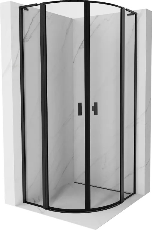 Mexen Mist L, čtvrtkruhový sprchový kout s 2-křídlými dveřmi, 80 x 80 cm, 8mm čiré sklo, černý profil, 8A32L-080-080-70-70