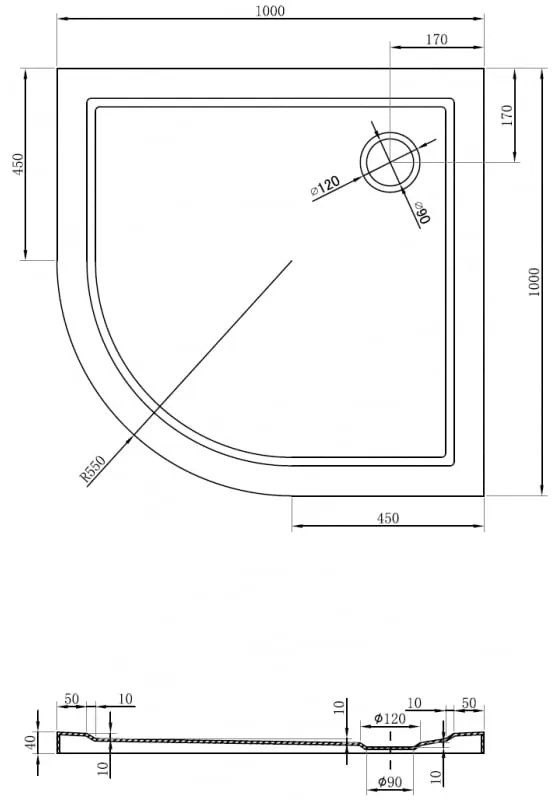 Mexen Flow, čtvrtkruhová sprchová vanička slim 100 x 100 cm, černá matná, 46Q701010