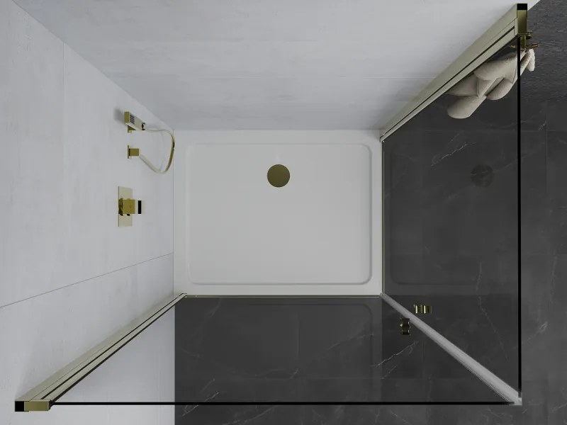 Mexen Pretoria Duo, sprchový kout se 2-křídlými dveřmi 80 (dveře) x 70 (dveře) cm, 6mm čiré sklo, zlatý profil + sprchová vanička, 852-080-070-50-02-4010G