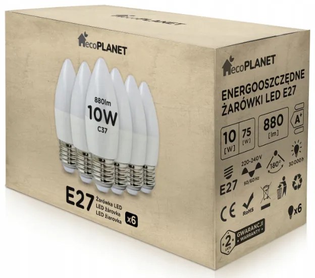 6x LED žárovka - ecoPLANET - E27 - 10W - svíčka - 880Lm - teplá bílá