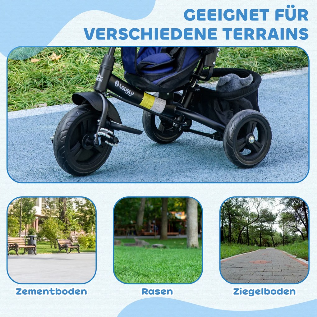 HOMCOM 6-in-1 Tříkolka s Rukojetí pro Rodiče, Dětská Tříkolka s Odnímatelnou Slunečníky, Polstrováním, Balance Bike s 5-Bodovým Bezpečnostním Páscem,…