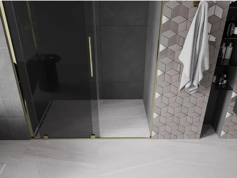 Mexen Velar, posuvné sprchové dveře do otvoru 130 cm, 8mm šedé sklo, zlatá lesklá, 871-130-000-41-50