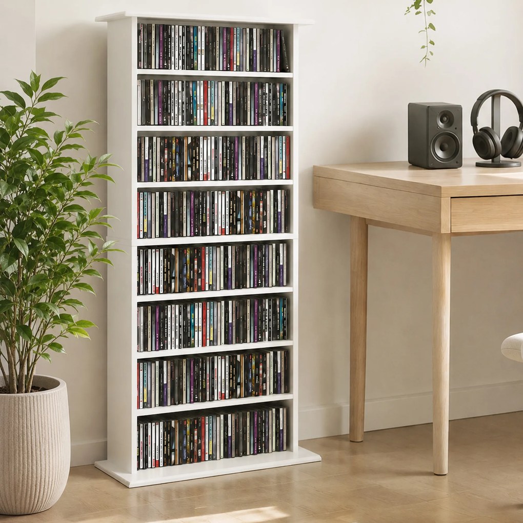 HOMCOM Úzká mediální skříň, 8 pater, 6 nastavitelných polic, 8 přihrádek, pro 360 CD, bílá