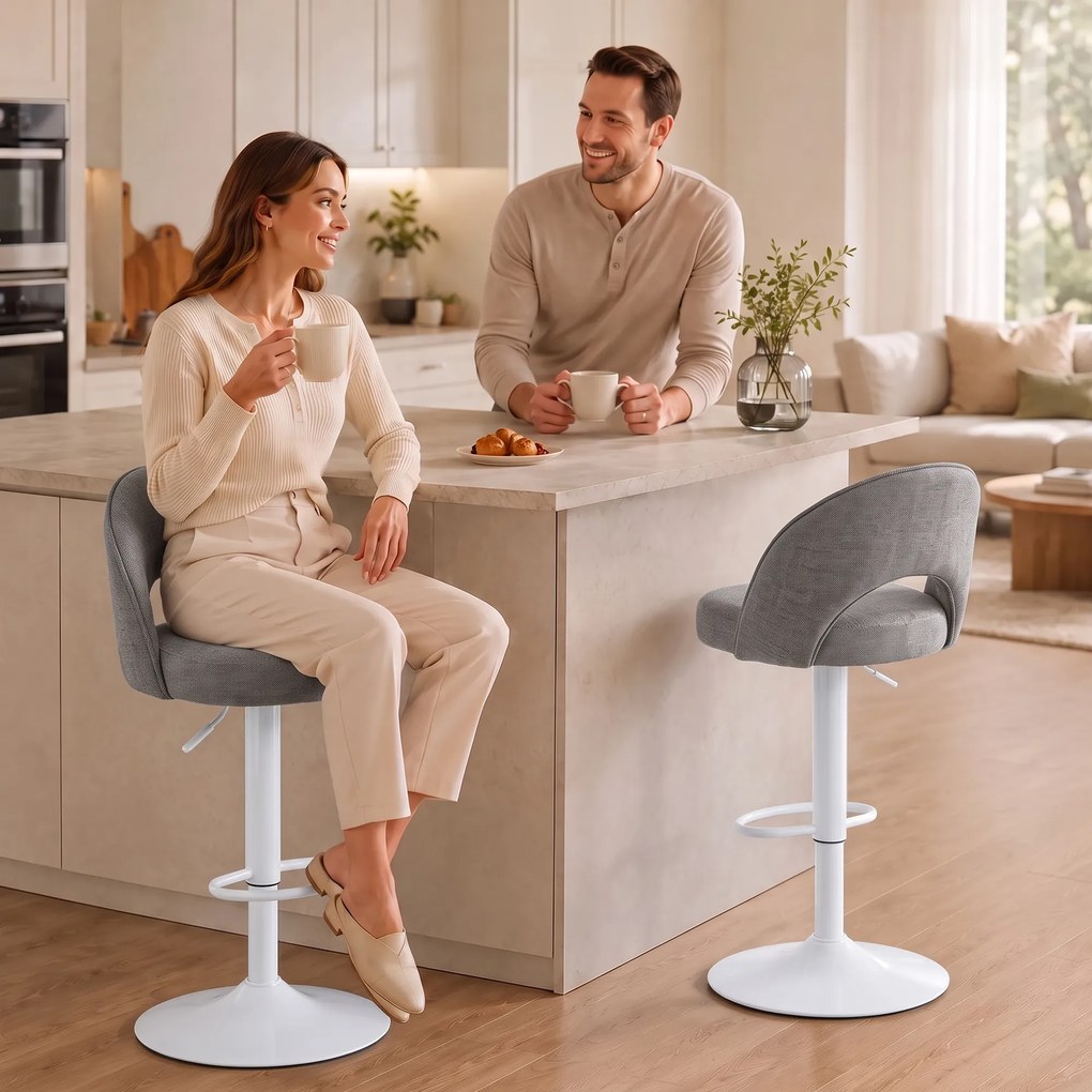 HOMCOM 2dílná sada barových židlí, výškově nastavitelné barové stoličky, polstrované sedadlo z chenille, otočné o 360°, šedá