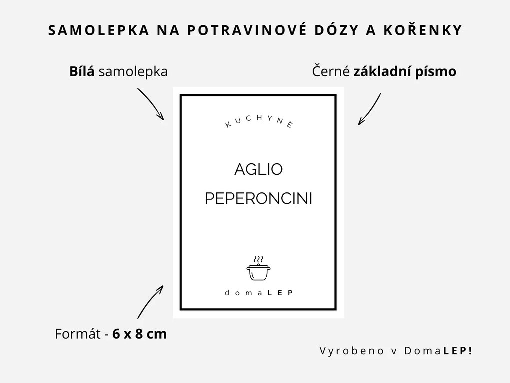 AGLIO PEPERONCINI - omyvatelná samolepka na kořenky, výběr rozměrů Ø 5 cm / 5 x 5 cm / 6 x 8 cm | DomaLEP tvar: ČTVEREC, barva: BÍLÁ - ČERNÉ písmo, velikost: š. 5 cm x v. 5 cm - základní písmo