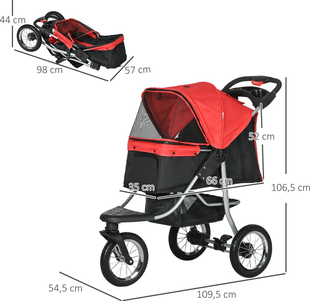PawHut Kočárek pro psy Dog Buggy Cat Buggy Pet Stroller skládací se 3 koly pro psy a kočky Oxford Red Black 109,5 x 54,5 x 106,5 cm |