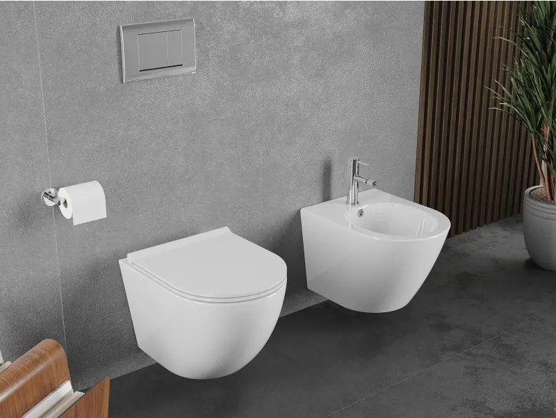 Mexen Lena, závěsná WC mísa 490x360x340 mm, Rimless Tornádo + toaletní WC sedátko z duroplastu, bílá lesklá, 30220500T