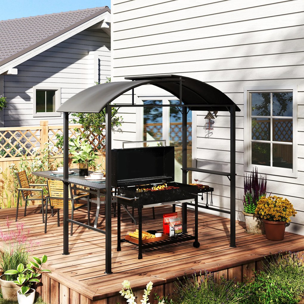 Outsunny BBQ Pavilon 233 x 110 x 235 cm Větruvzdorný Zahradní Pavilon s Dvojitou Střechou, Policemi, Zahradní Pavilon s UV Ochrannou, BBQ Pavilon z O…