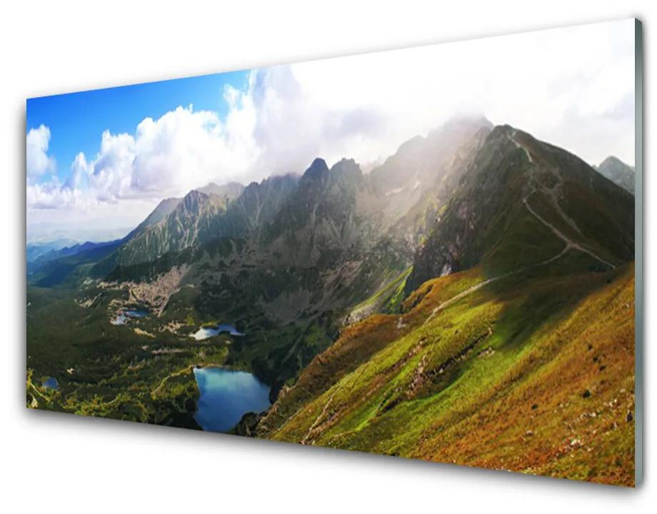 Obraz na skle Hory Louka Krajina 125x50 cm