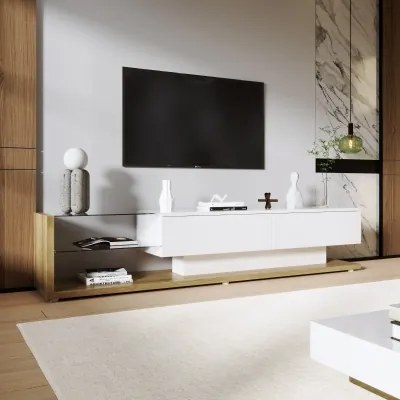 Aosom TV skříňka 170 cm vysoký lesk se skleněnými policemi a LED osvětlením, moderní venkovský stylový design pro moderní obytné prostory bílý