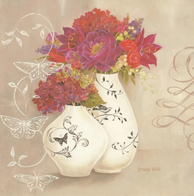 ART-STYLE Obrázek 18x18, květiny ve váze &amp; motýl, rám bílý s patinou