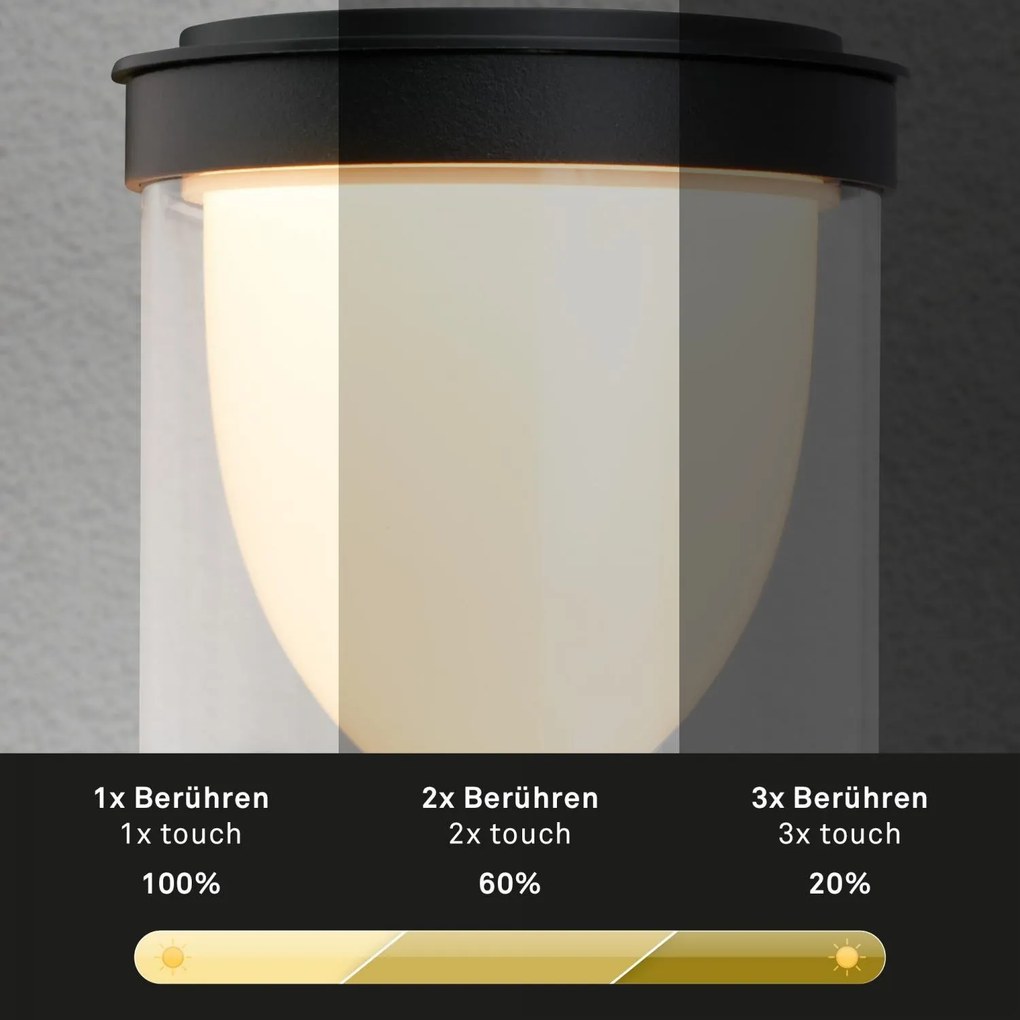 BRI 3930015 LED nabíjecí nástěnné svítidlo, venkovní, dotykový vypínač, vyměnitelné baterie, vč. USB-C kabelu, stmívatelné, IP44, černé - BRILONER