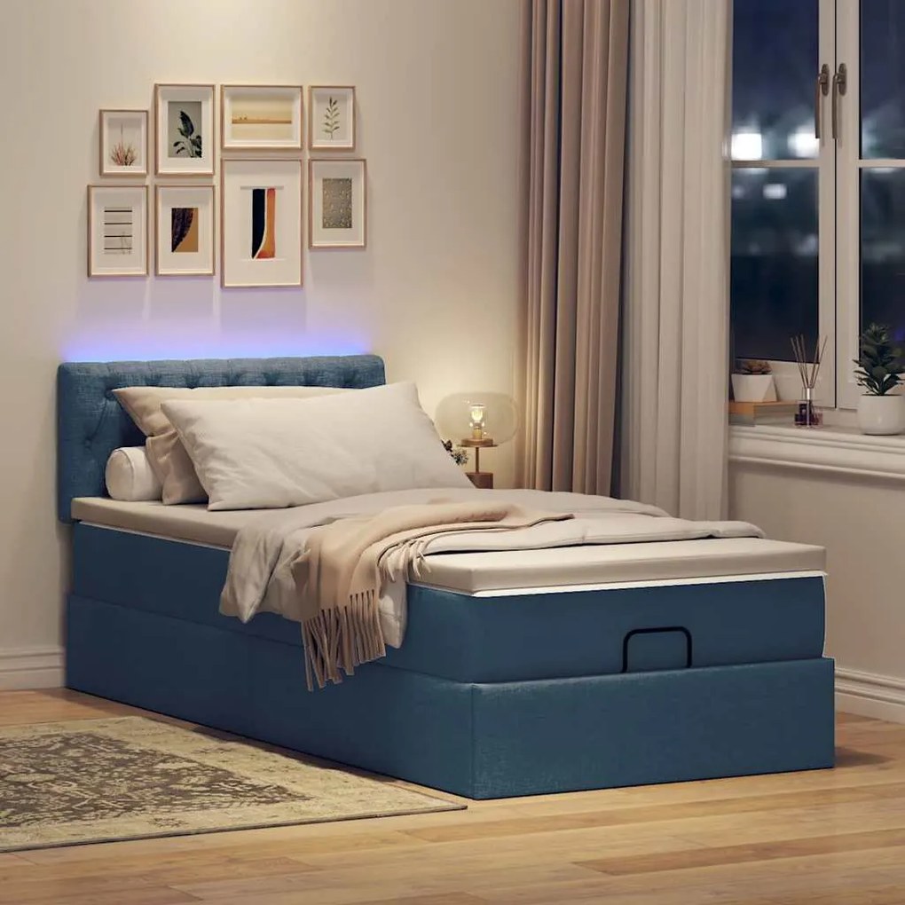 Osmanská postel s matrací & LED modrá 90x200 cm látka 3312366