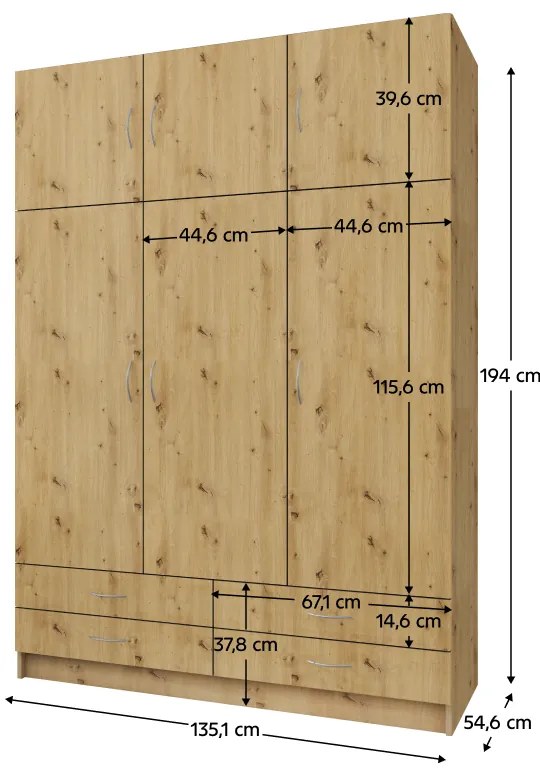 Kondela Šatní skříň, třídveřová, dub artisan, GERI NEW
