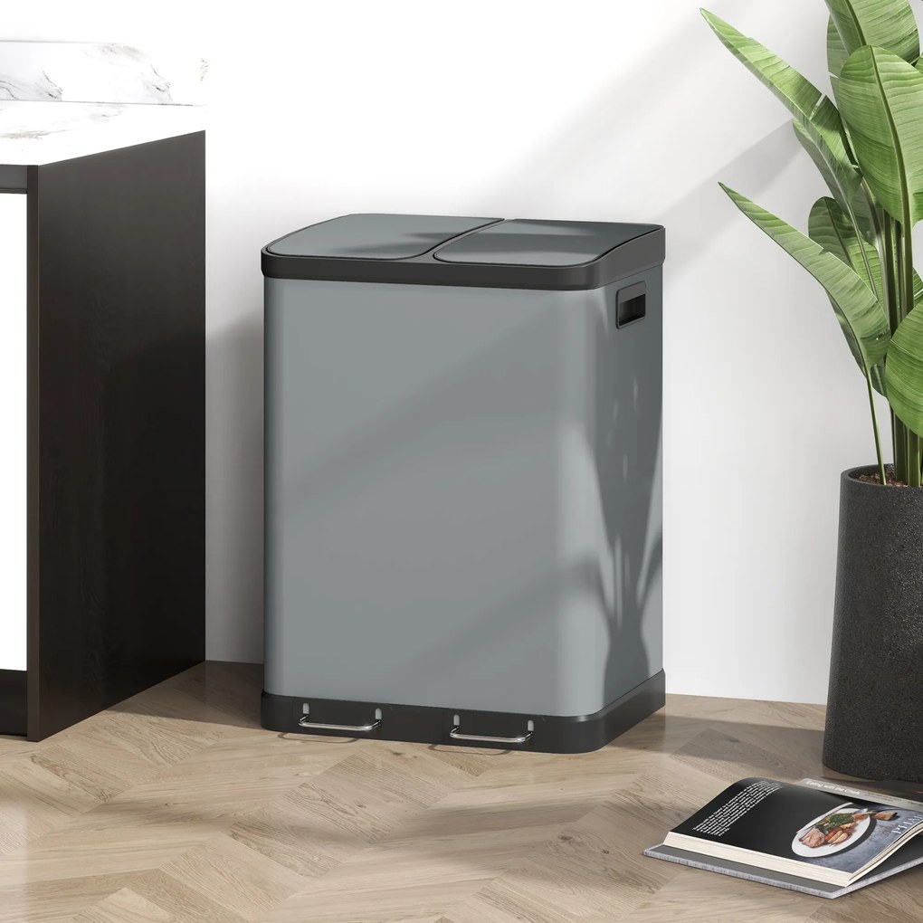 HOMCOM odpadkový koš 2x30L pedálový koš na kosmetiku s víkem a nožním pedálem, kovový odpadkový koš s vnitřním košem do obývacího pokoje a kanceláře,…
