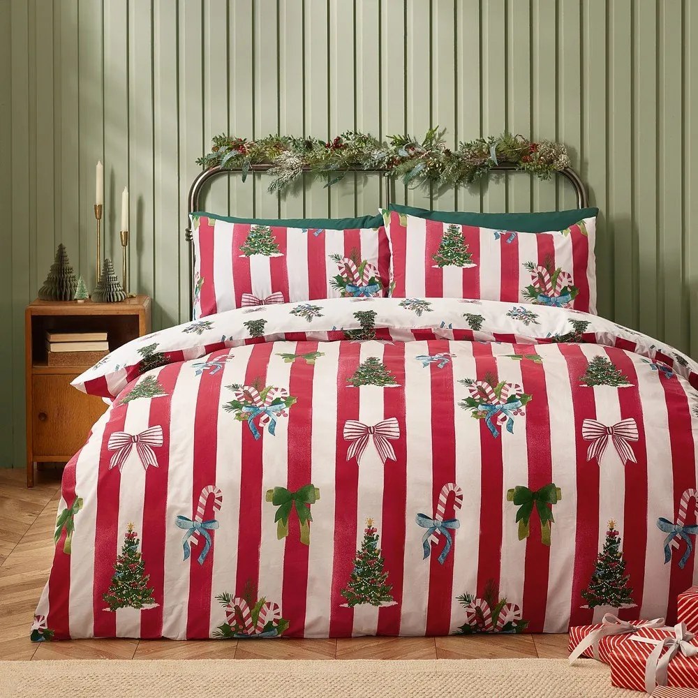 Červené/bílé povlečení na dvoulůžko/prodloužené 230x220 cm Christmas Stripe – Catherine Lansfield
