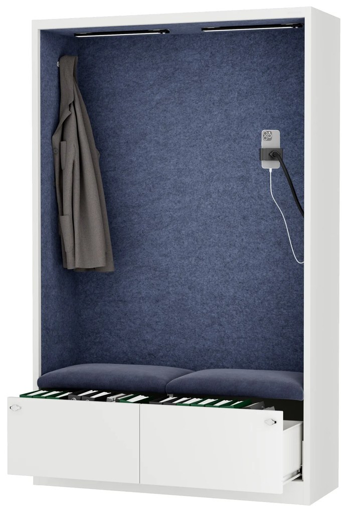 Kancelářská akustická kabina se sedátkem a USB-C portem, korpus bílý / sedák námořnická modrá, 1150 mm: SALLY MentalBox
