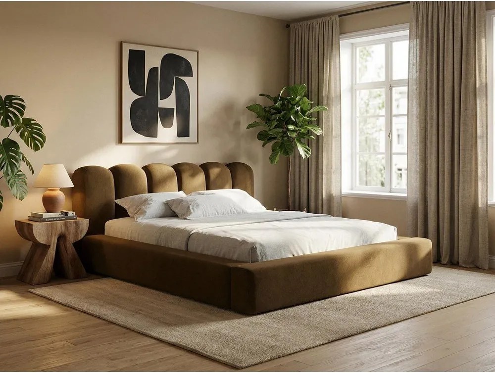 Modrá čalouněná dvoulůžková postel s úložným prostorem s roštem 160x200 cm Mano – Makamii