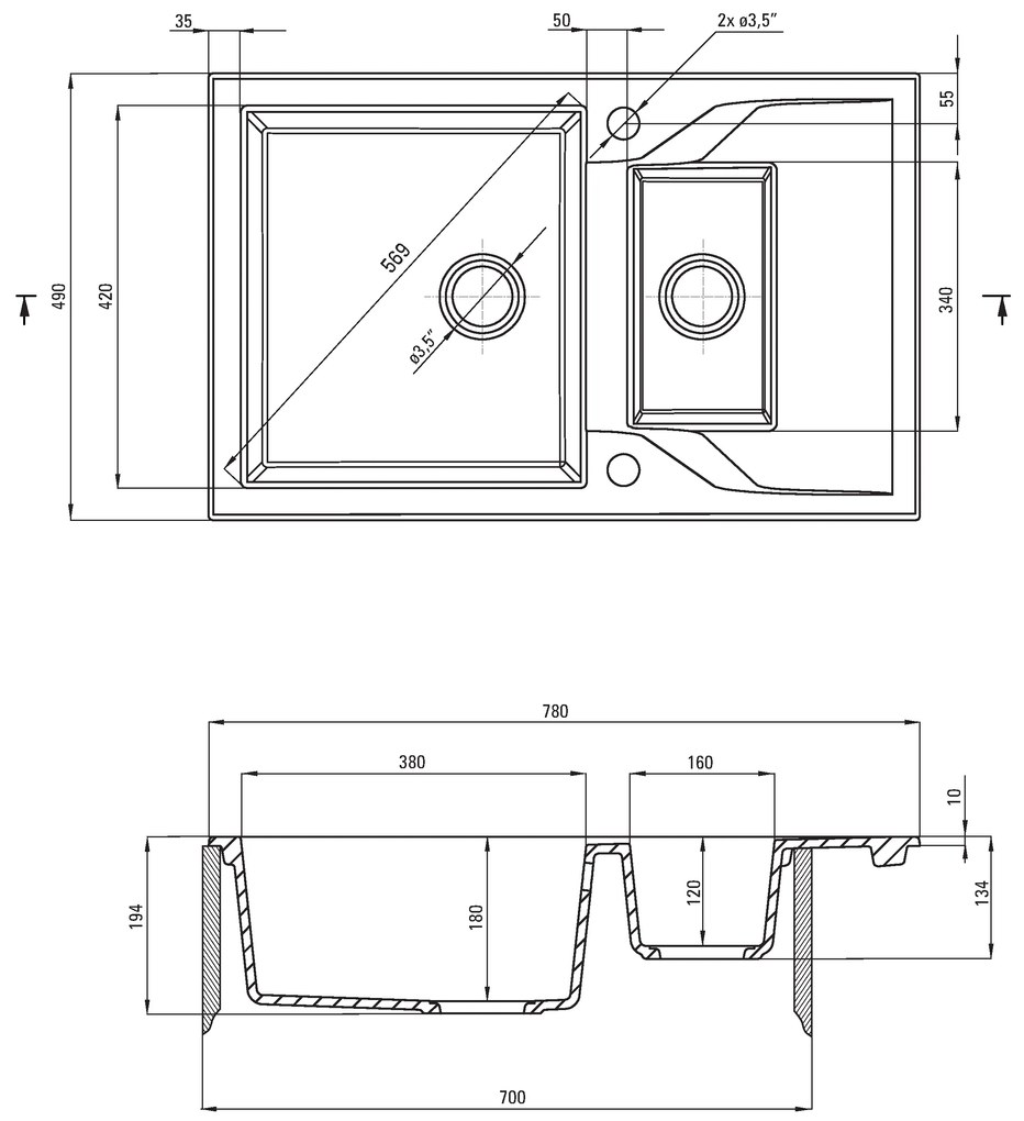 Deante Andante, granitový dřez 780x490x194 mm + prostorově úsporný sifon, 1,5komorový, písková, ZQN_7513