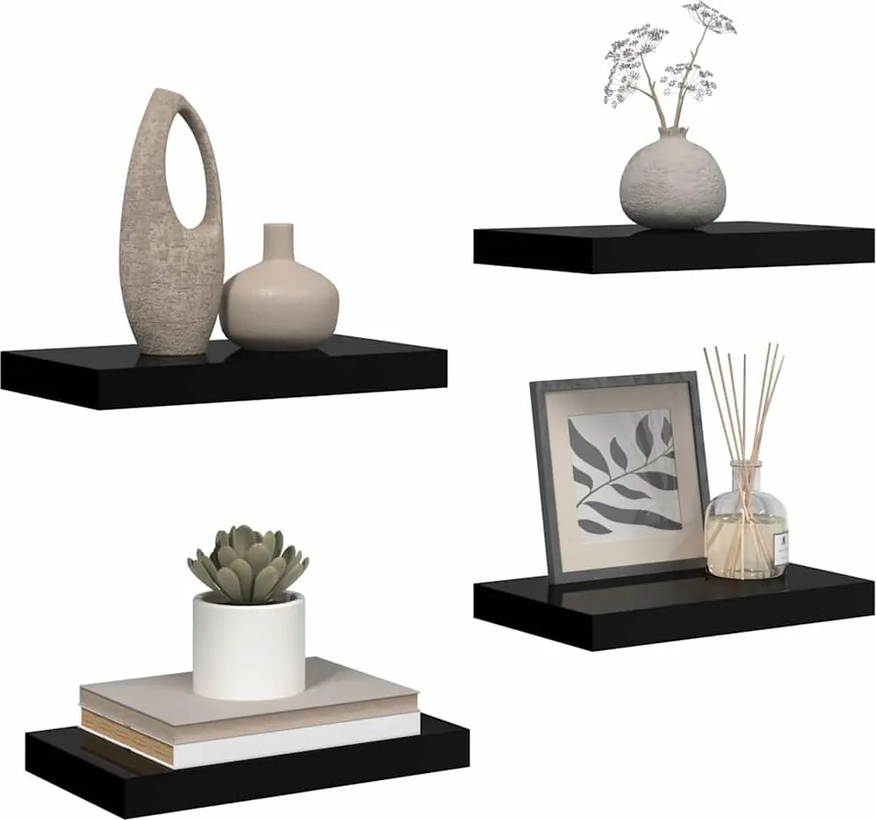 Plovoucí nástěnné police 4 ks lesklé černé 40 x 23,5 x 3,8 cm MDF 323765