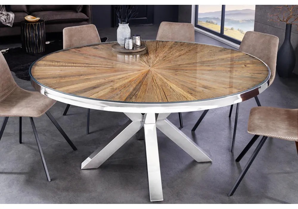 Massive home | Kulatý jídelní stůl BARRACUDA 120 CM sklo/masiv teak
