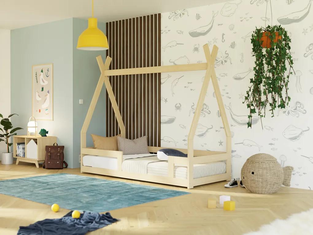 Benlemi Dětská nízká postel SAFE 9v1 ve tvaru teepee se zábranou Zvolte barvu: Nelakovaná, Zvolte rozměr: 90x180 cm, Zvolte zábranu: S otevřeným vstupem