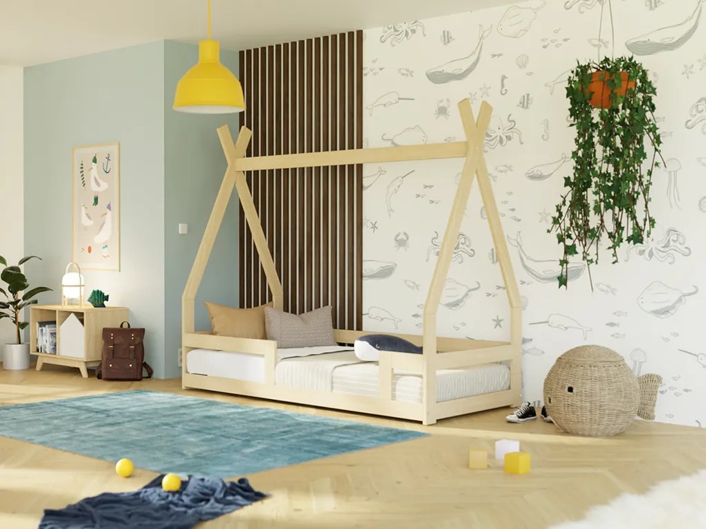 Benlemi Dětská nízká postel SAFE 9v1 ve tvaru teepee se zábranou Zvolte barvu: Šalvějová zelená, Zvolte rozměr: 90x160 cm, Zvolte zábranu: S otevřeným vstupem