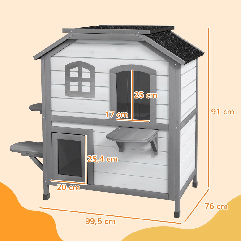Dřevěný domek pro kočky PawHut, venkovní domek pro kočky se schody, 2 patra, domek pro malá zvířata pro kočky do 4,5 kg, bílý, 78 x 55,5 x 91 cm | Ao…