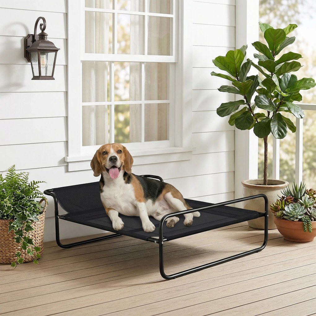 PawHut Dog Lounger Outdoor, vyvýšený pelíšek pro psy s prodyšným síťovaným potahem, pelíšek pro malé a střední psy černý 91 x 69 x 29 cm