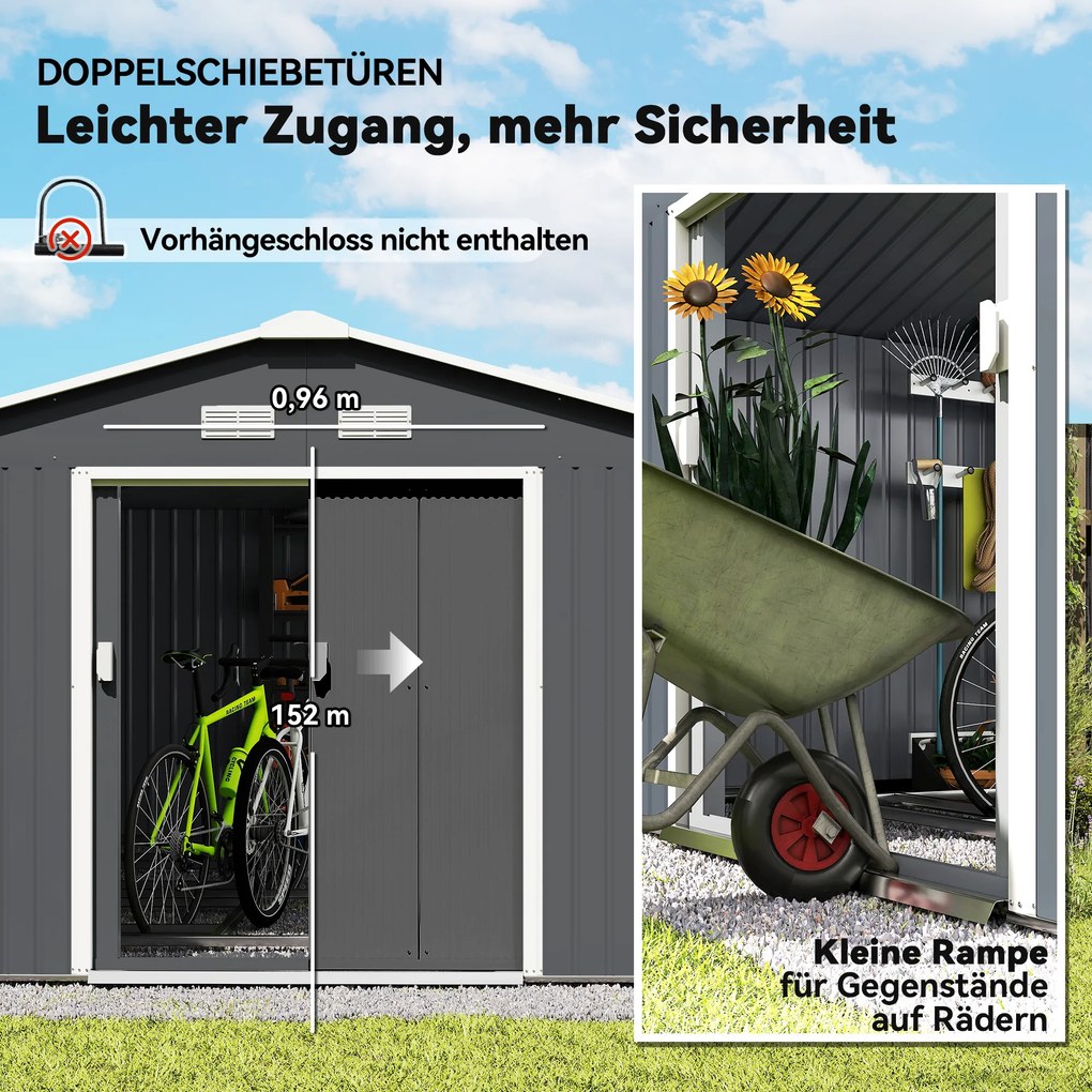 Outsunny kůlna na nářadí s podezdívkou kůlna na nářadí zahradní kůlna kovová uhlíkově šedá 340 x 386 x 200 cm | Aosom