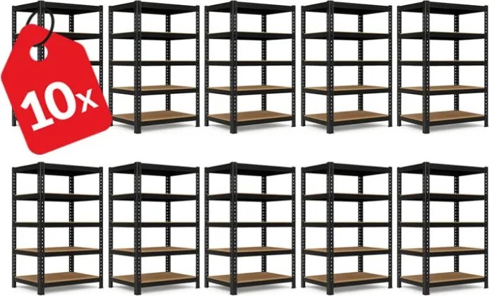 Akce 10x Regál 216x120x50 cm profesionální 5-policový, nosnost 200 kg - černý