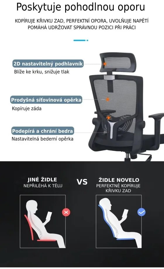 Kancelářská ergonomická židle Neoseat NOVELO — síť / látka, černá, nosnost 150 kg (rozbaleno)