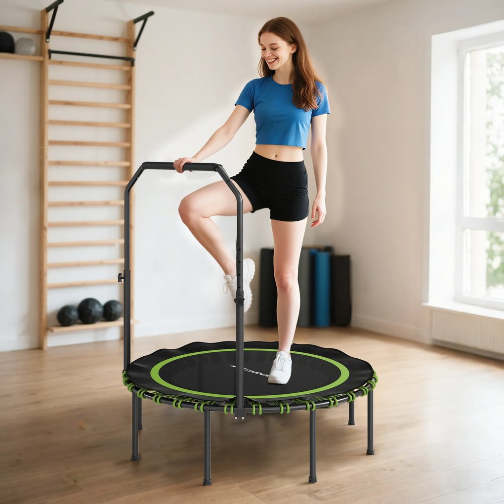 Fitness trampolína s nastavitelným zábradlím, sportovní trampolína pro vnitřní i venkovní použití, ocel, plast, zelená barva