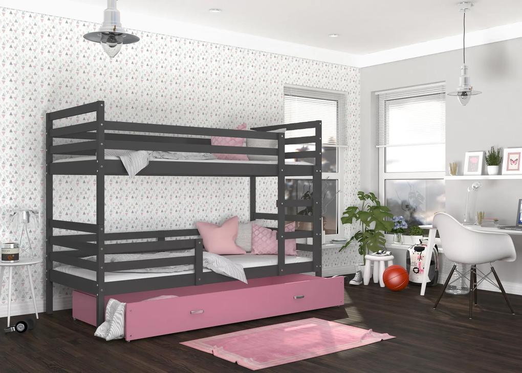 Svět pokojů Patrová postel Arek s úložným prostorem 200x90 cm rám ŠEDÝ/BÍLÝ Matrace: Ne, Barva konstrukce: šedá, Barva dílů: růžová
