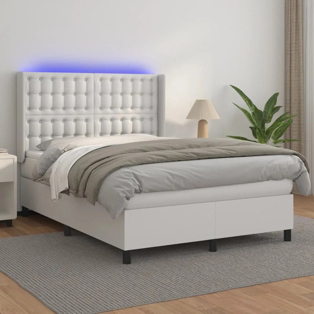 Box spring postel s matrací a LED bílá 140x200 cm umělá kůže 3139386